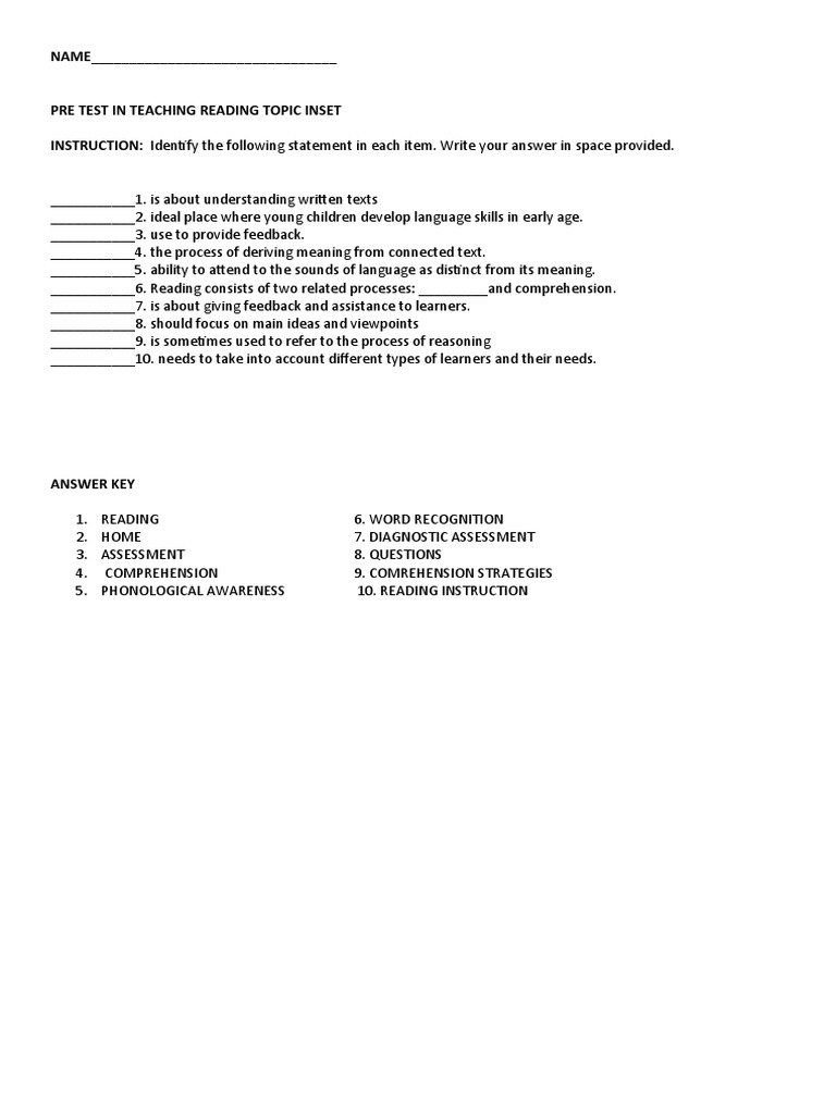 Pretest Inset Teaching Reading | PDF | Career & Growth
