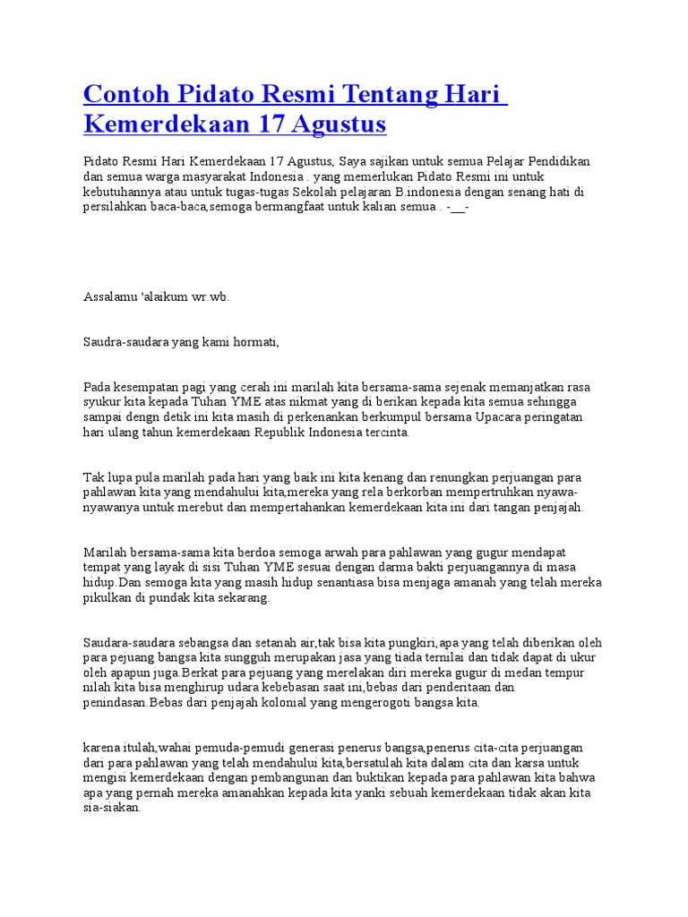 Contoh Pidato Resmi Tentang Hari Kemerdekaan 17 Agustus | PDF