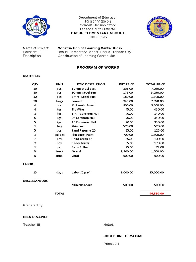 PROGRAM of WORK Construction of Learning Center Kiosk For Printing ...