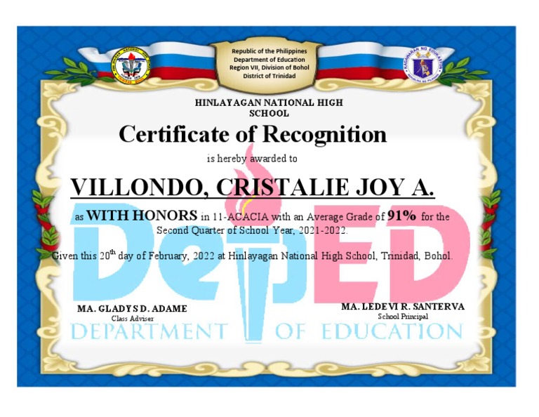 Certificate of Recognition For Honors | PDF