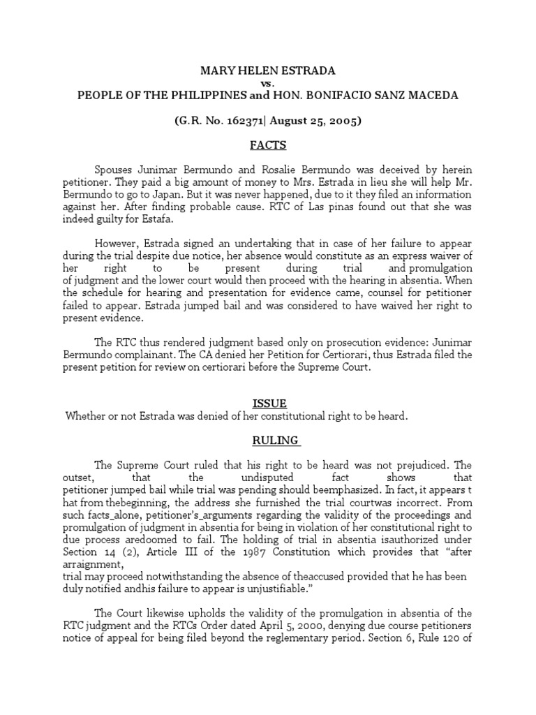 MARY HELEN ESTRADA Versus PEOPLE | PDF | Judgment (Law) | Bail