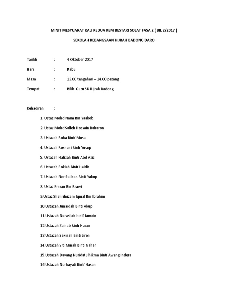 Minit Mesyuarat Kali Kedua Kem Bestari Solat Fasa 2 | PDF