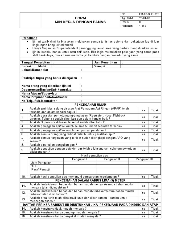 Formulir Surat Ijin Kerja Dengan Panas | PDF