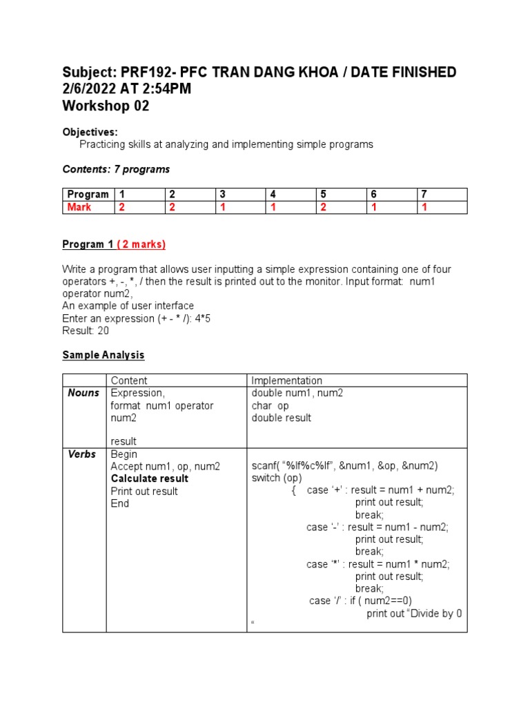 Workshop 2 Prf192, Tran Dang Khoa | PDF | Computer Programming | Computing