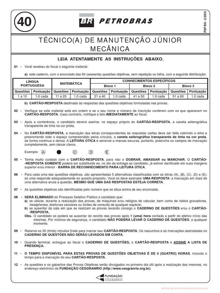 Prova 40 Tecnico A de Manutencao Jnior Mecanica | PDF | Parafuso | Dureza