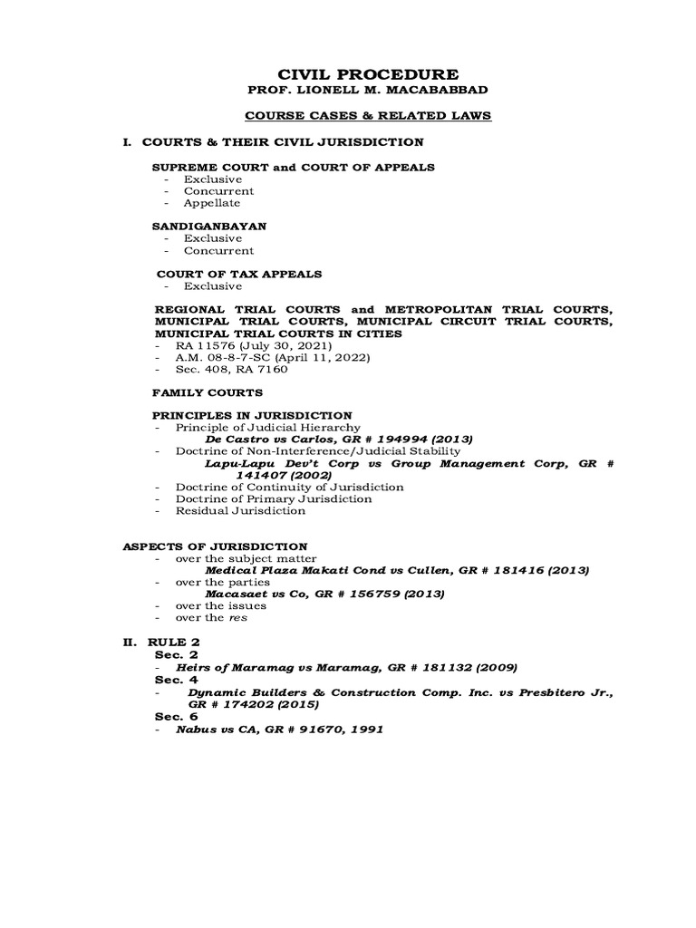 Civil Procedure Syllabus by Lionell Macababbad | PDF | Jurisdiction ...