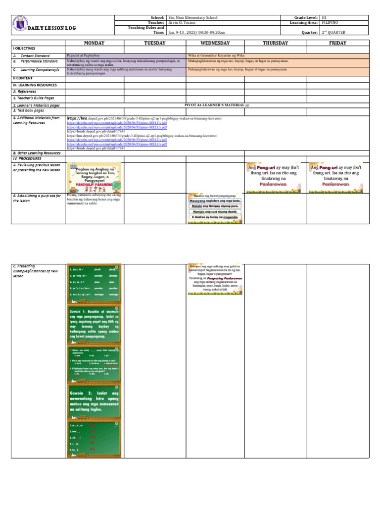 DLL Quarter 2 Week 8 FILIPINO 3 | PDF | Pedagogy | Learning