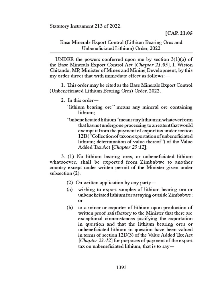 S.I. 213 of 2022 Base Minerals Export Control Lithium Bearing Ores and ...