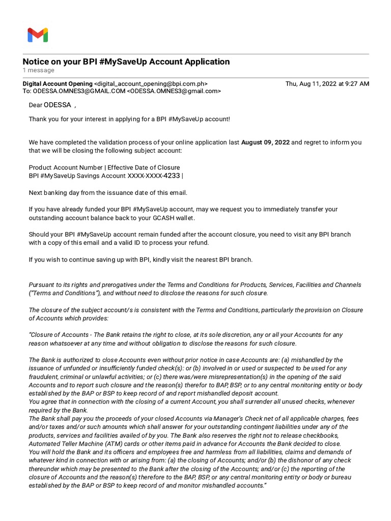Gmail - Notice On Your BPI #MySaveUp Account Application | PDF | Banks ...
