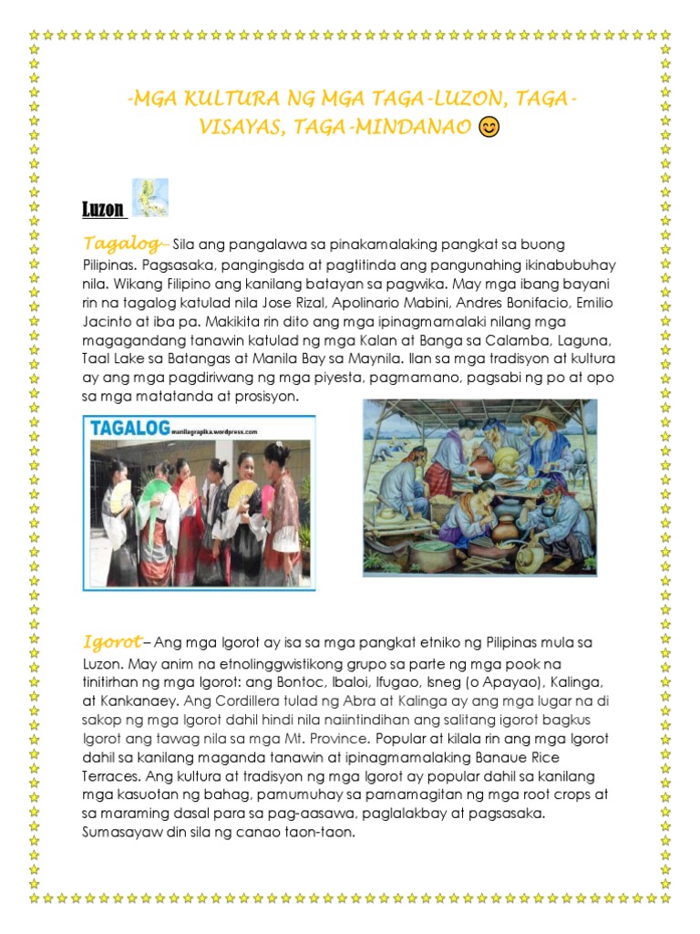 Mga Kultura NG Mga Taga-Luzon, Taga-Visayas, Taga-Mindanao | PDF