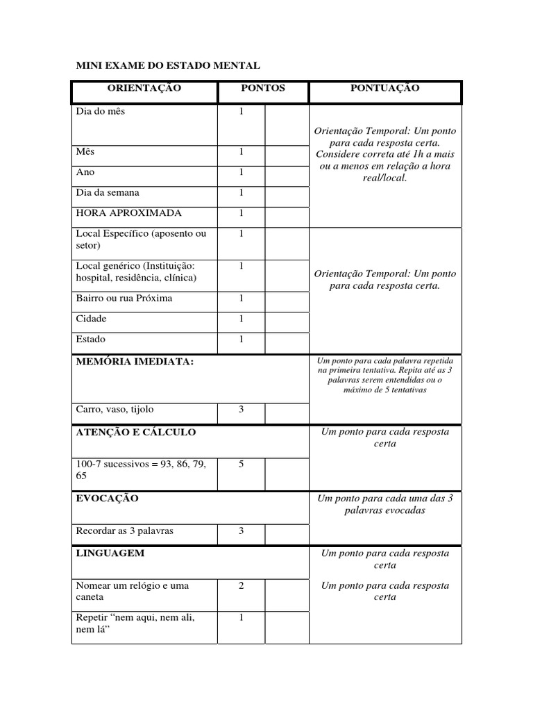 Mini exame de avaliação mental breve para avaliar orientação, memória ...