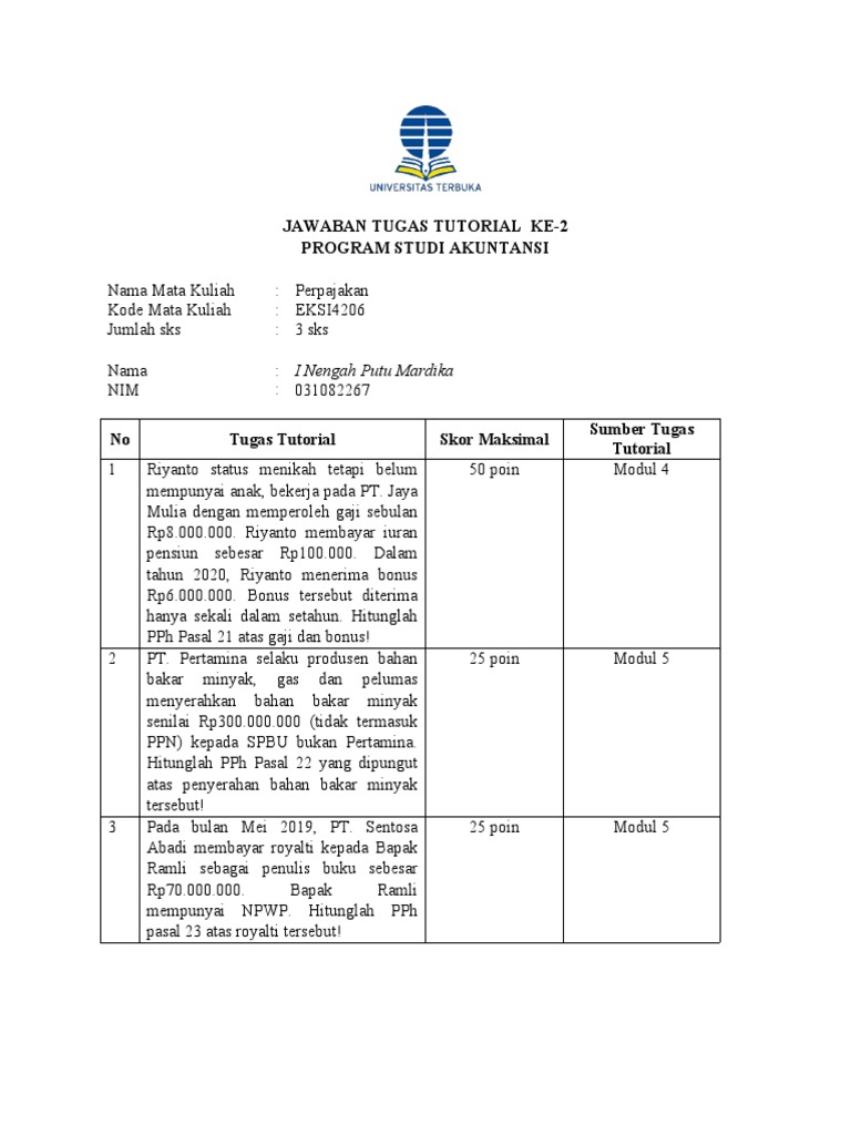 Eksi4206 - Perpajakan Jawaban Tugas Tutorial Ke-2 | PDF