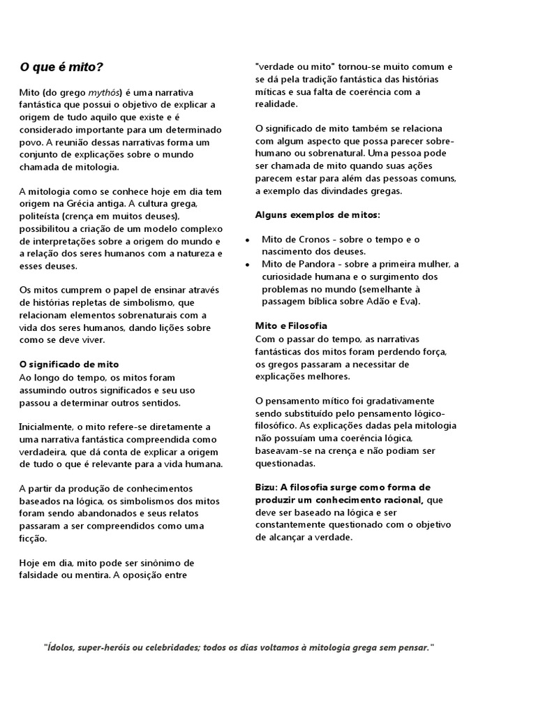 O Que É Mito | PDF | Mitologia grega | Humano