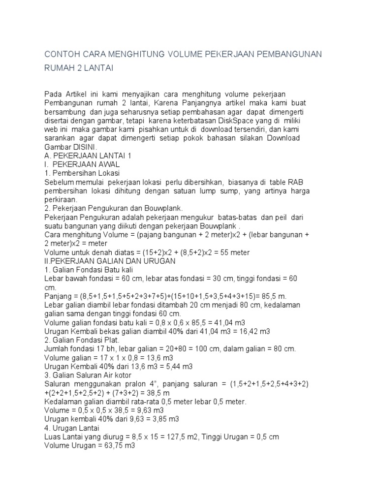 Contoh Cara Menghitung Volume Pekerjaan Pembangunan Rumah 2 Lantai | PDF