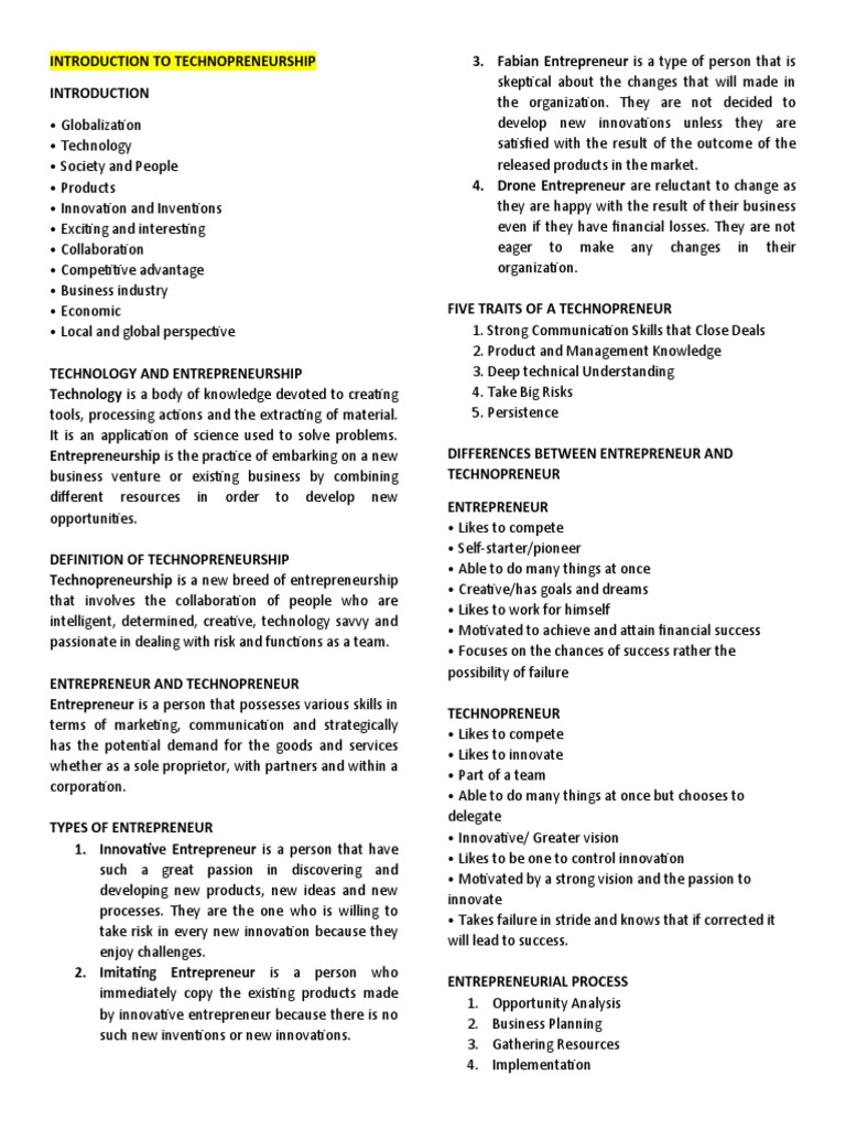 Introduction To Technopreneurship | PDF | Entrepreneurship | Innovation