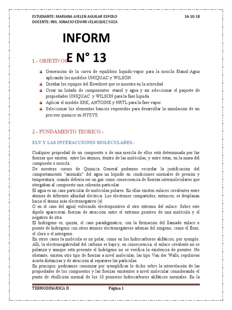 13 Informe de Termo II | PDF | Propiedades del agua | Fuerza intermolecular