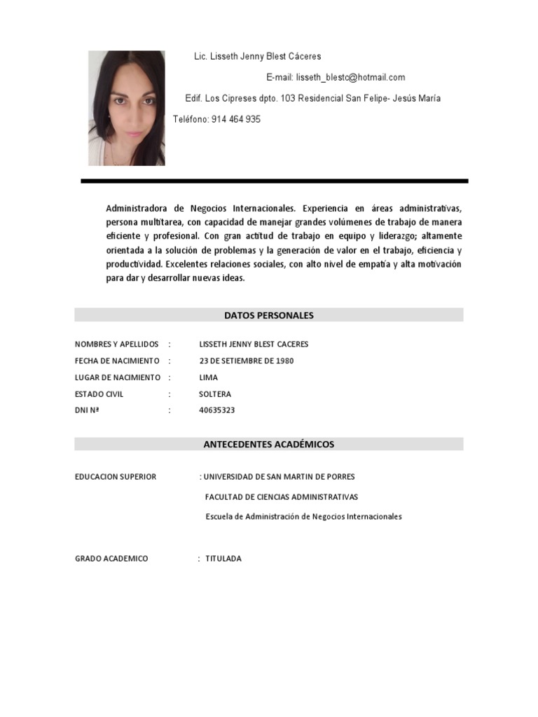 Perfil Profesional de Lisseth Jenny Blest | PDF | aduana | Informática