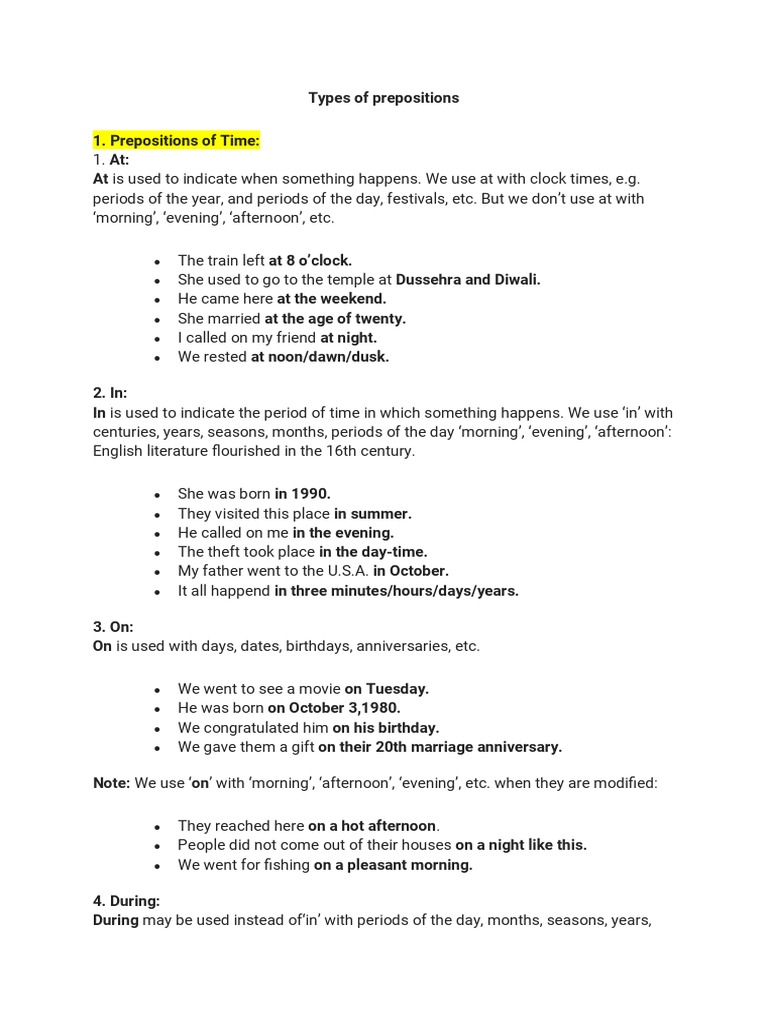Types Of Prepositions Pdf Grammatical Tense English Grammar
