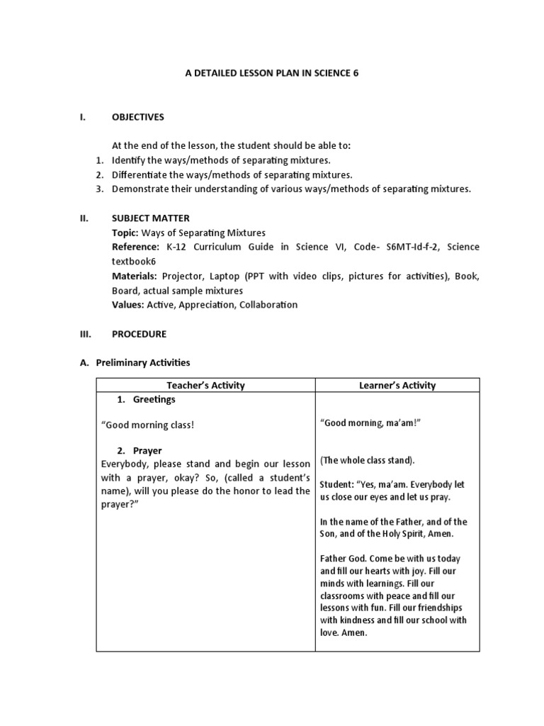 A Detailed Lesson Plan in Science 6 | PDF | Filtration | Mixture