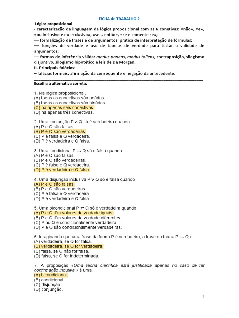Ficha Trabalho 2 - Lógica Proposicional | PDF | Argumento | Lógica matemática