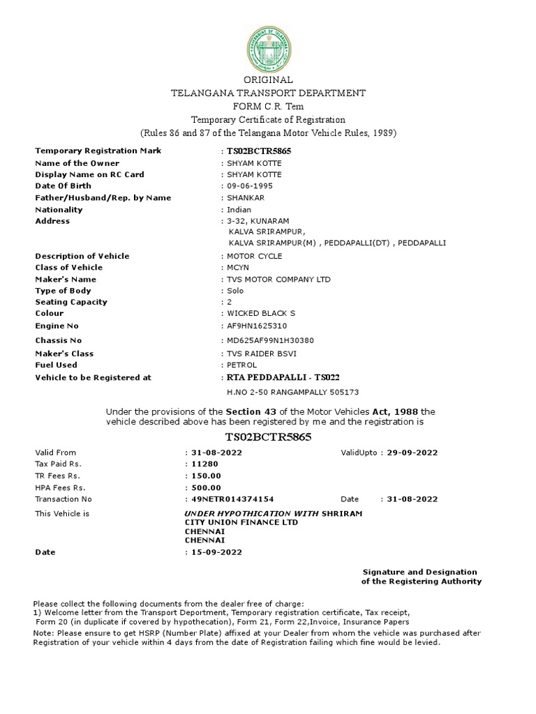 Temporary Registration Certificate for Motorcycle in Telangana | PDF ...