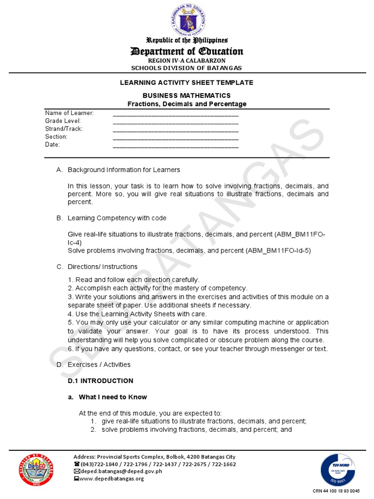 Business Math LAS Q1 Week 2 | PDF | Learning | Decimal