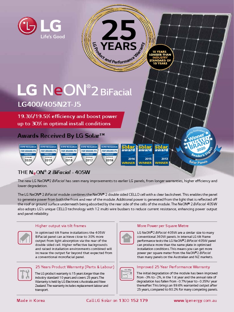 LG NeON® 2 BiFacial (LG400-405N2T-J5) | PDF | Photovoltaics | Solar Panel