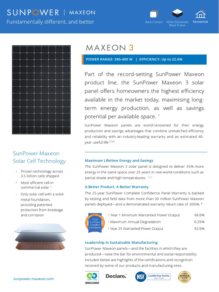 SunPower Maxeon 3 (390-400W) | PDF | Solar Panel | Photovoltaics
