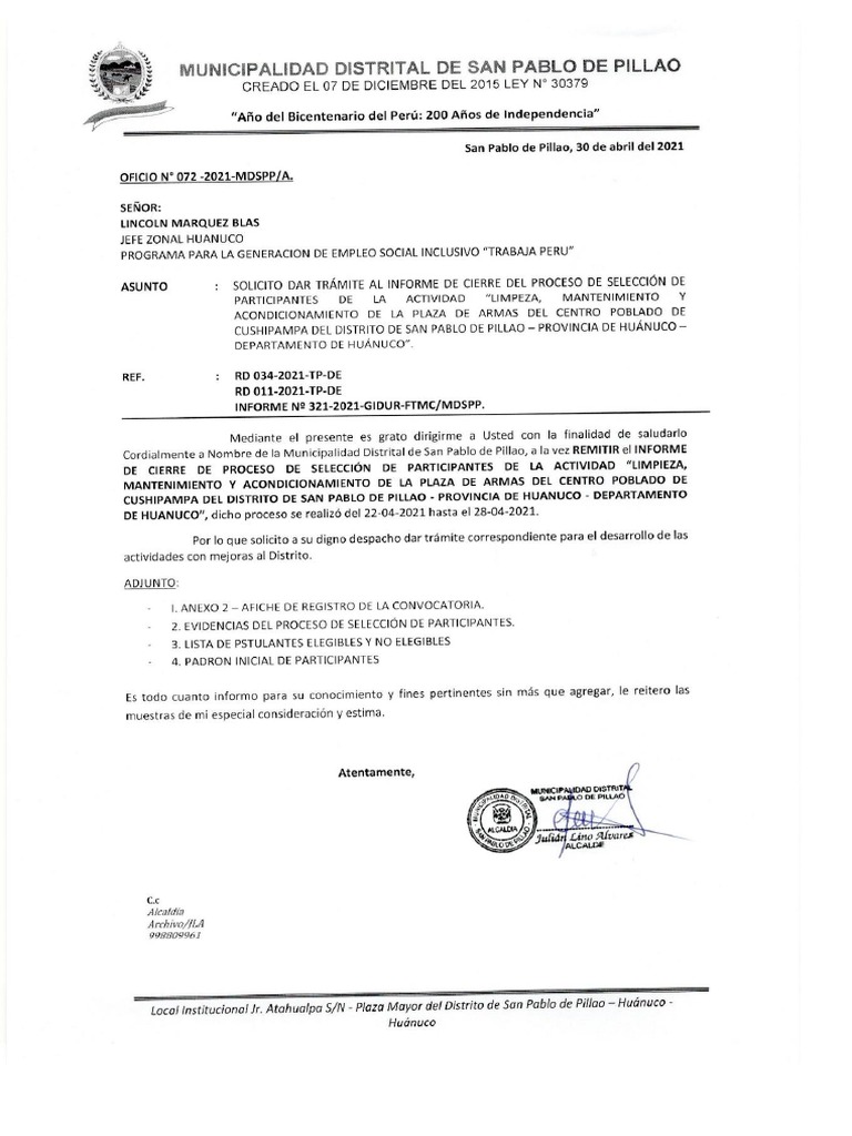 Informe de Cierre - Municipalidad Distrital de San Pablo de Pillao | PDF