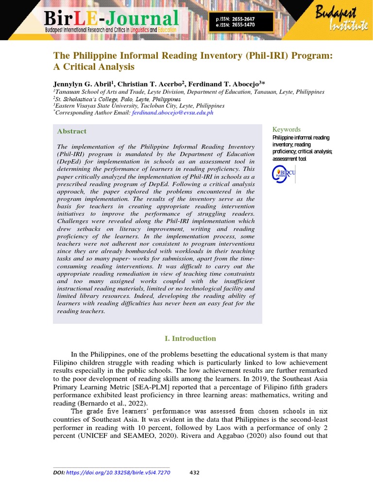 The Philippine Informal Reading Inventory (Phil-IRI) Program: A Critical Analysis | PDF ...
