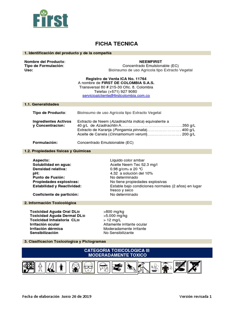 Ficha Tecnica Neemfirst 2019 | PDF | Química