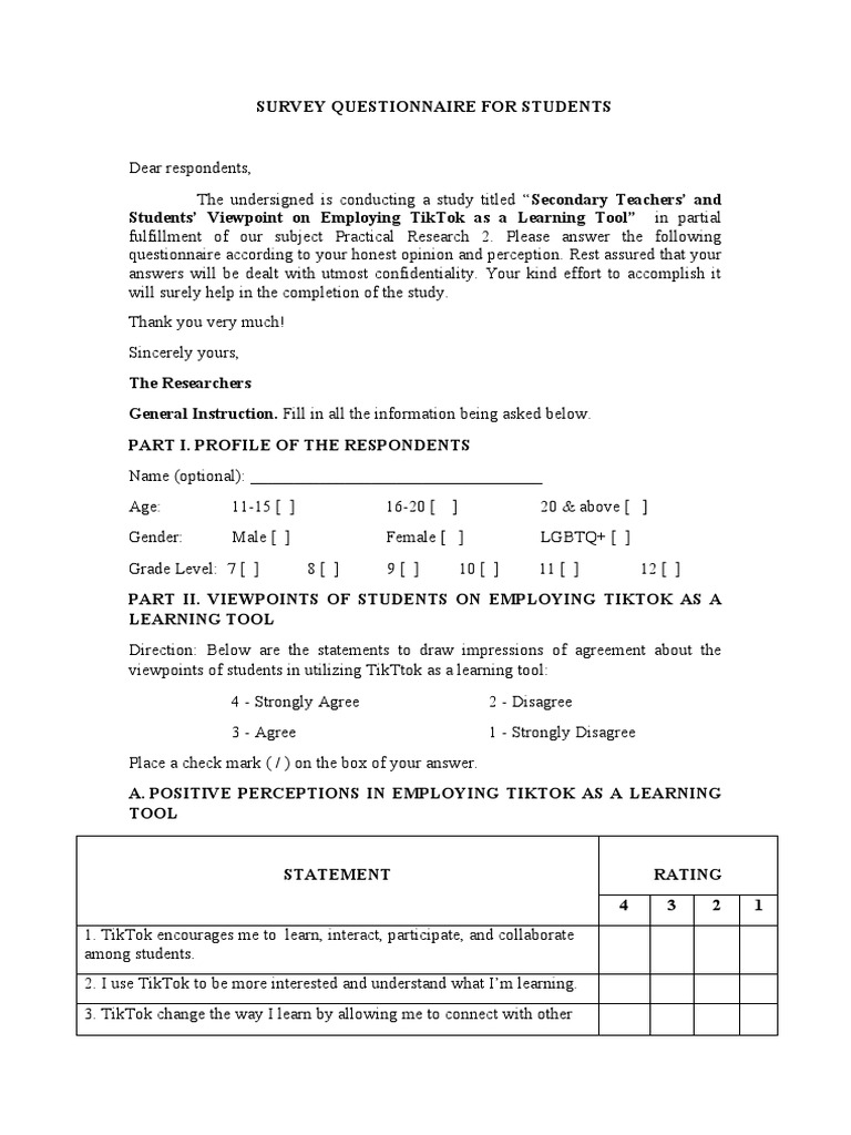 Survey Questionnaire For Students | PDF | Questionnaire | Behavior ...