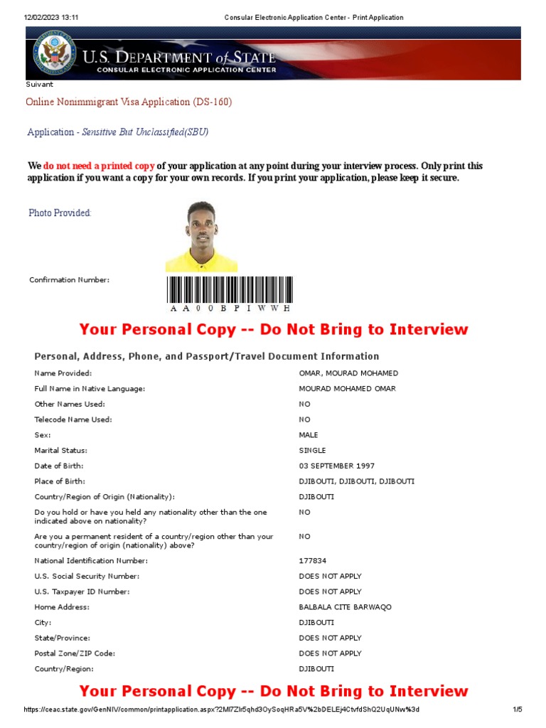 CEAC DS-160 Application Printout | PDF | Passport | Travel Visa