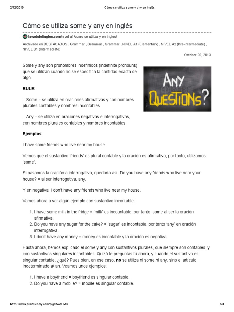 Cómo Se Utiliza Some Y Any En Inglés Pdf Sustantivo Unidades