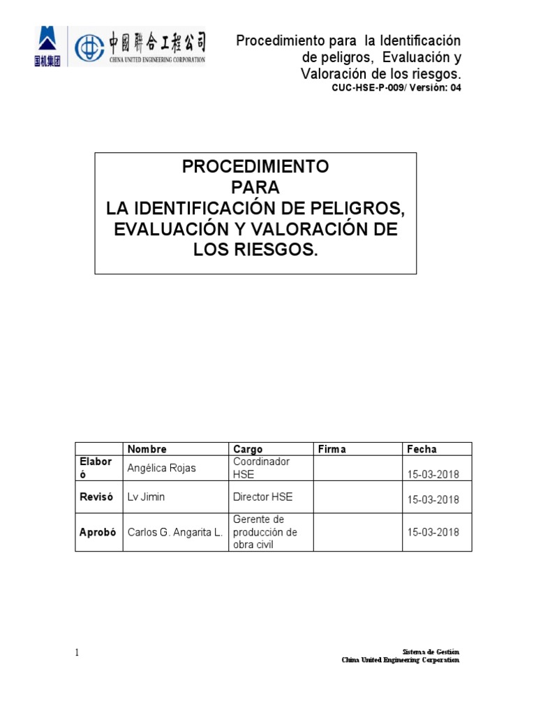 CUC-HSE-P-009 Procedimiento para La Identificacion de Peligros, Evaluacion y Valor de Riesgos ...