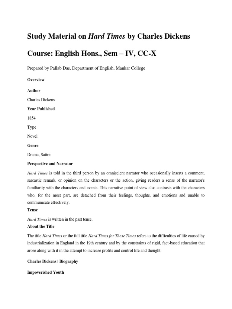 14540study Materials On Hard Times CC10 Hons. Sem IV | PDF | Charles Dickens
