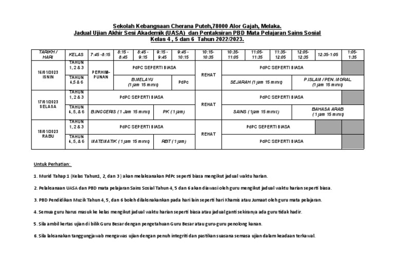 Jadual Waktu Uasa PBD TH 2 2022 2023 | PDF