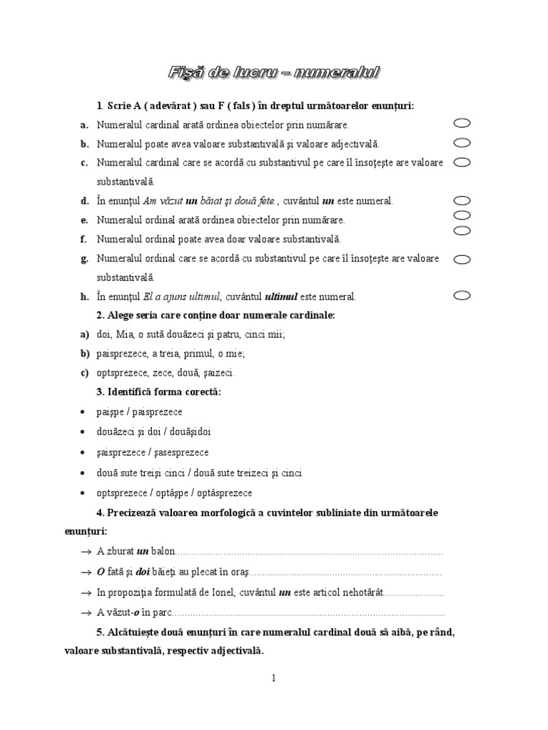 Fisa de Lucru Numeralul | PDF