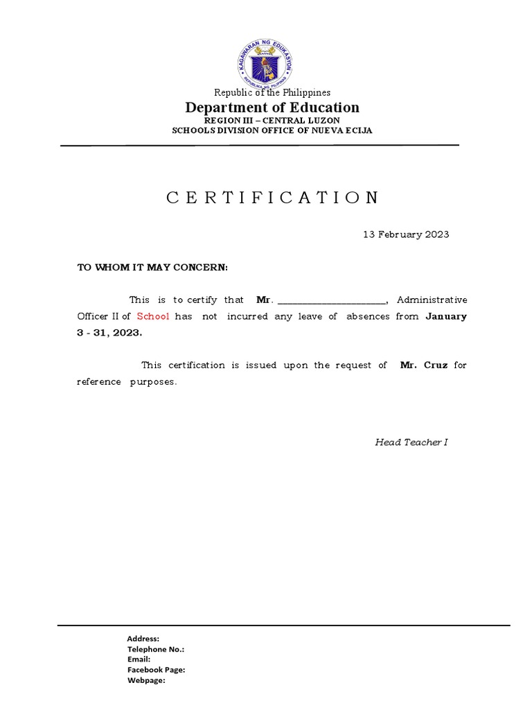 Certification-Has Not Incurred Leave of Absences2 | PDF