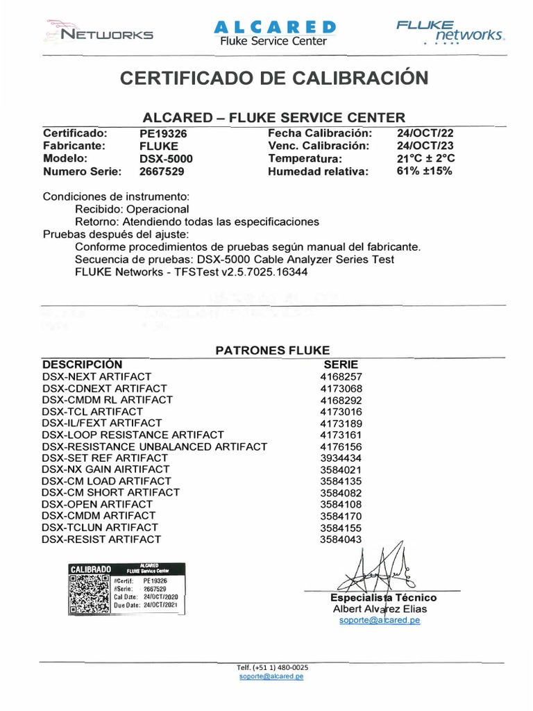Certificado De Calibracion Fluke Dsx5000 Pdf Metrología Exactitud Y Precisión