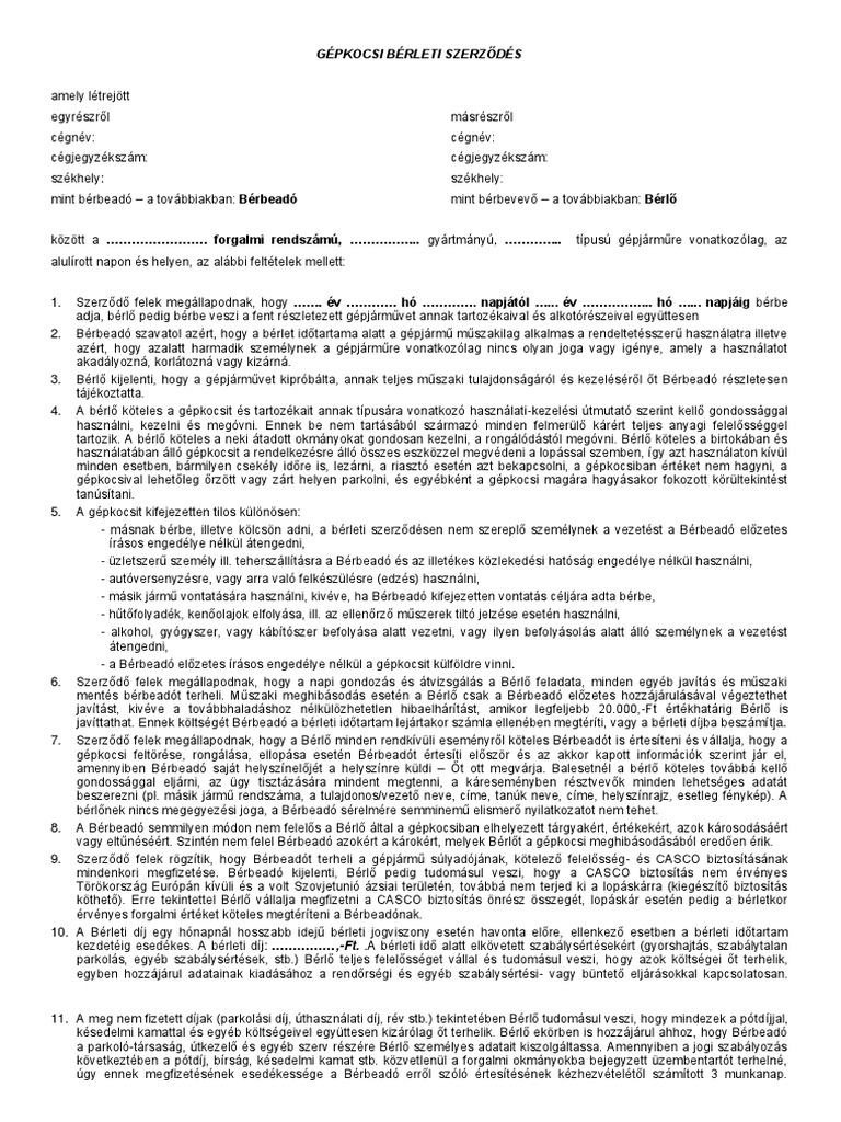 Aqua Auto Berleti Szerzodes Minta | PDF