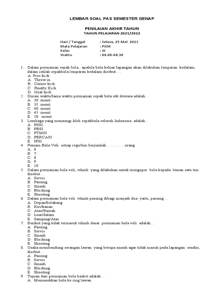 Soal Pas Genap Pjok Kelas Xi 2020-2021 | PDF