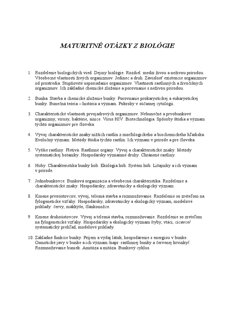 Maturitne Otazky Bio | PDF