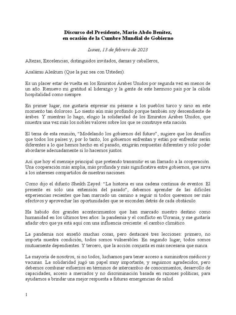 Discurso Del Presidente - Cumbre Mundial de Gobierno - Español | PDF ...