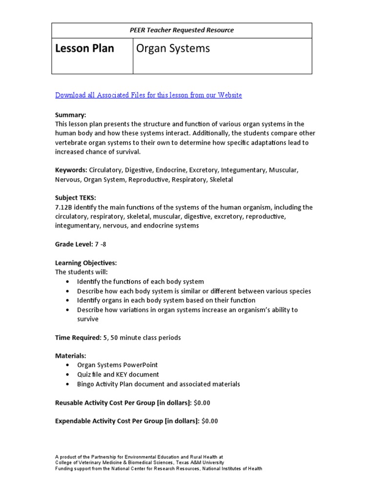 Human Organ Systems Lesson Plan | PDF | Human Body | Blood