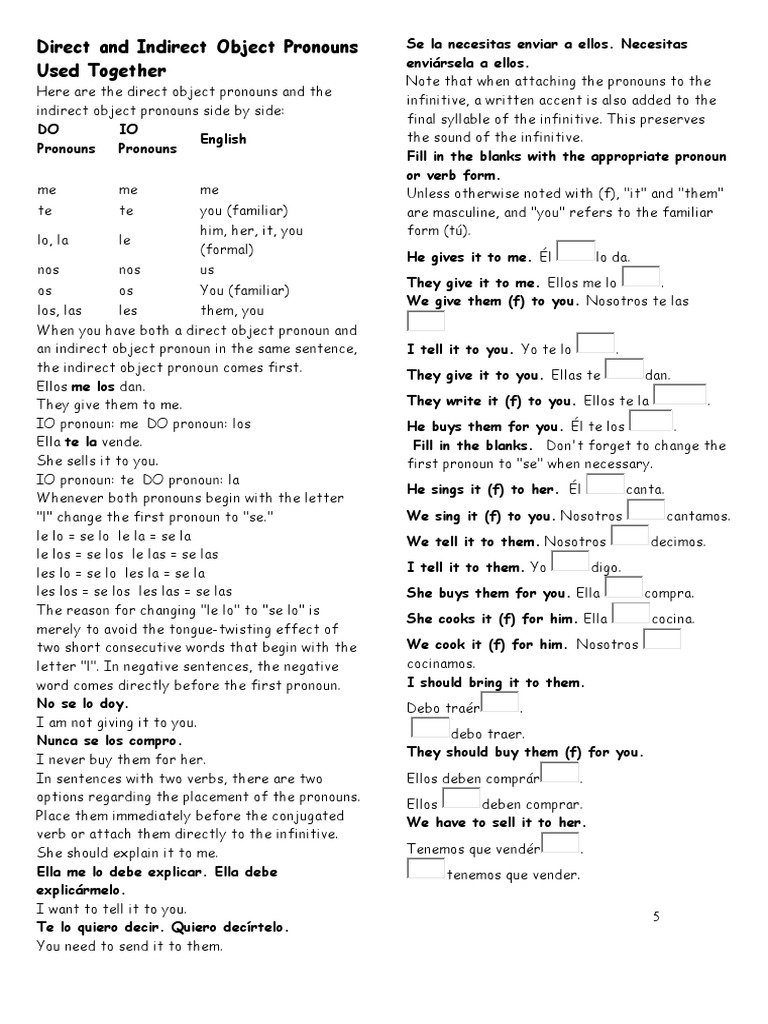 Direct and Indirect Object Pronouns Used Together | PDF | Grammatical ...