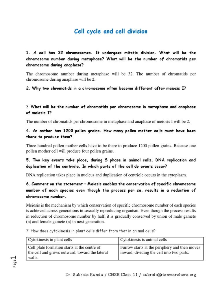 Cell Cycle and Cell Division-Answer | PDF | Meiosis | Mitosis