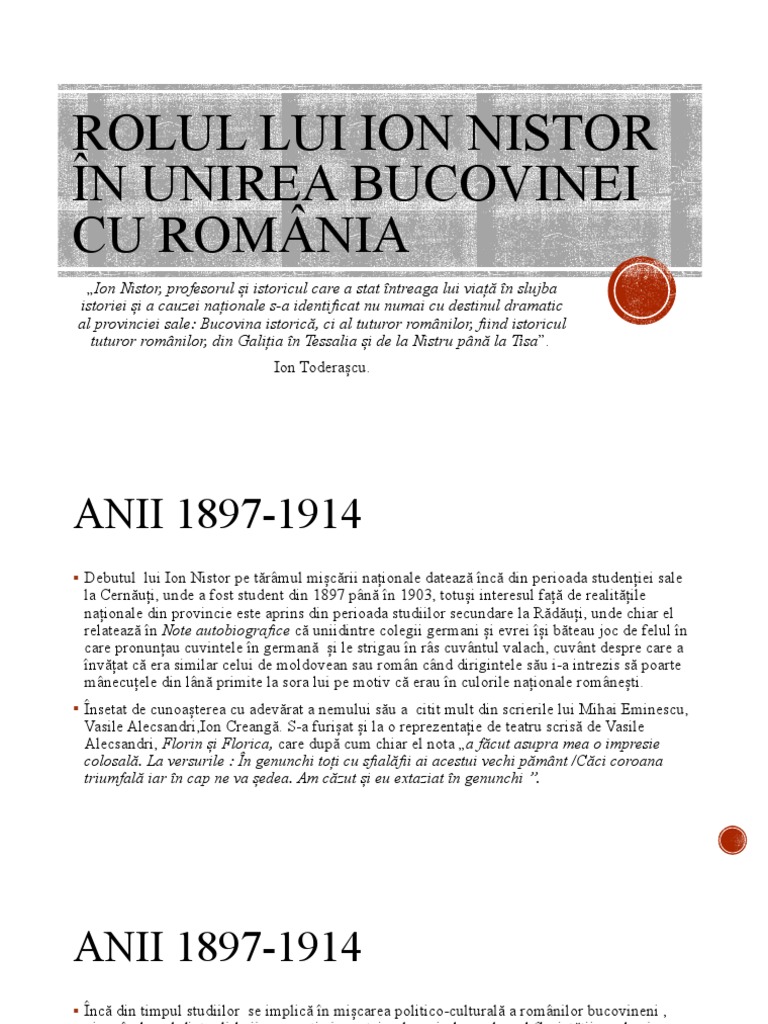 Rolul Lui Ion Nistor În Unirea Bucovinei Cu România | PDF