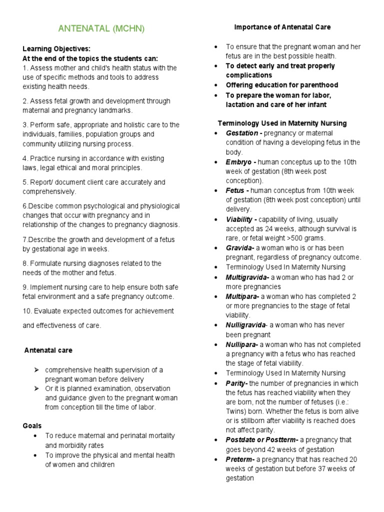 Comprehensive Guide to Antenatal Care: Assessment, Examination, and Monitoring of Maternal and ...