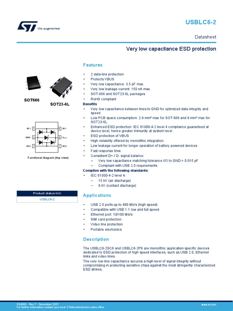 Usblc6-2 UL26 ESD Protection | PDF | Electrostatic Discharge | Usb